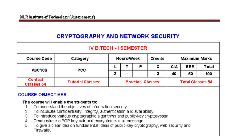 Cryptography and Network Security - IV B.Tech I Sem (A6CY06) - Studocu
