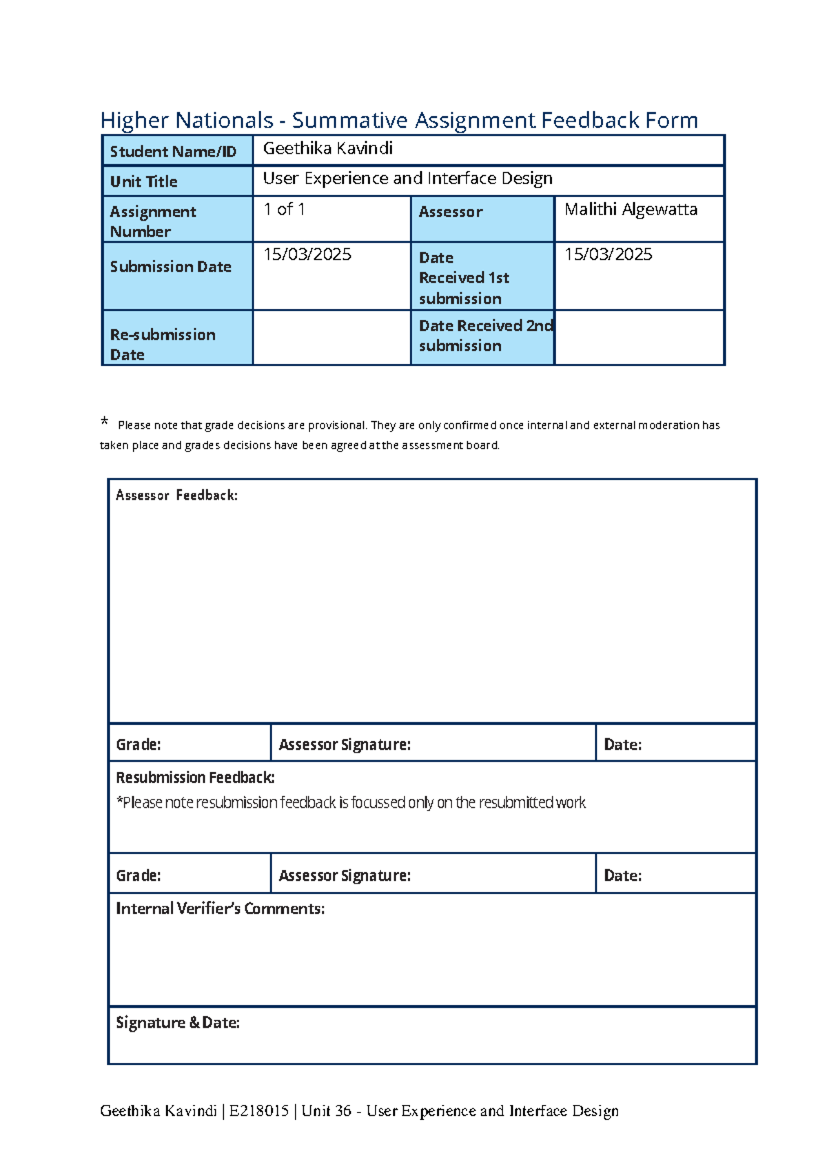 Unit 36 - User Experience and Interface Design Assignment Feedback Form ...