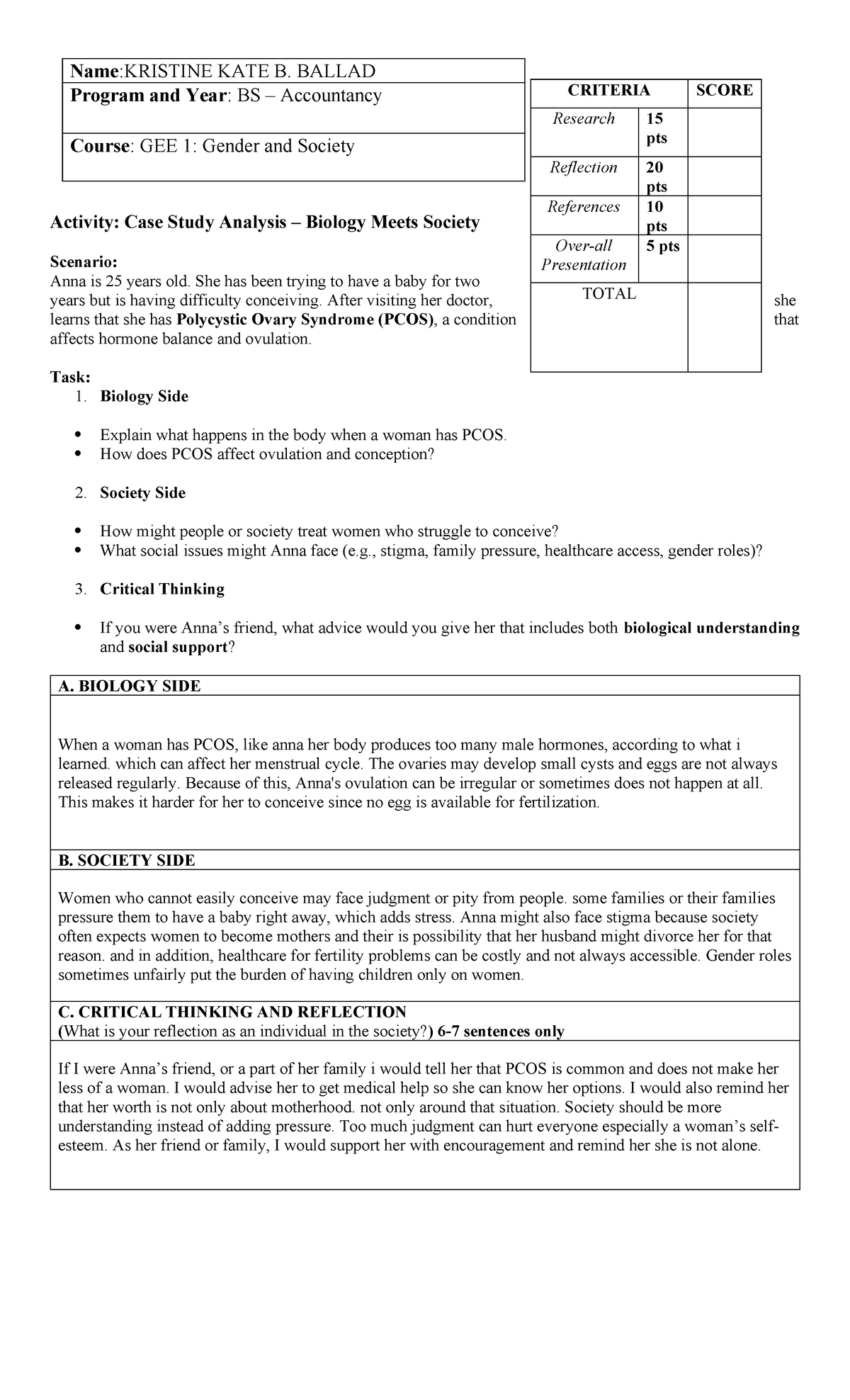 GEE 1 Case Study: PCOS and Societal Impacts on Women - Studocu