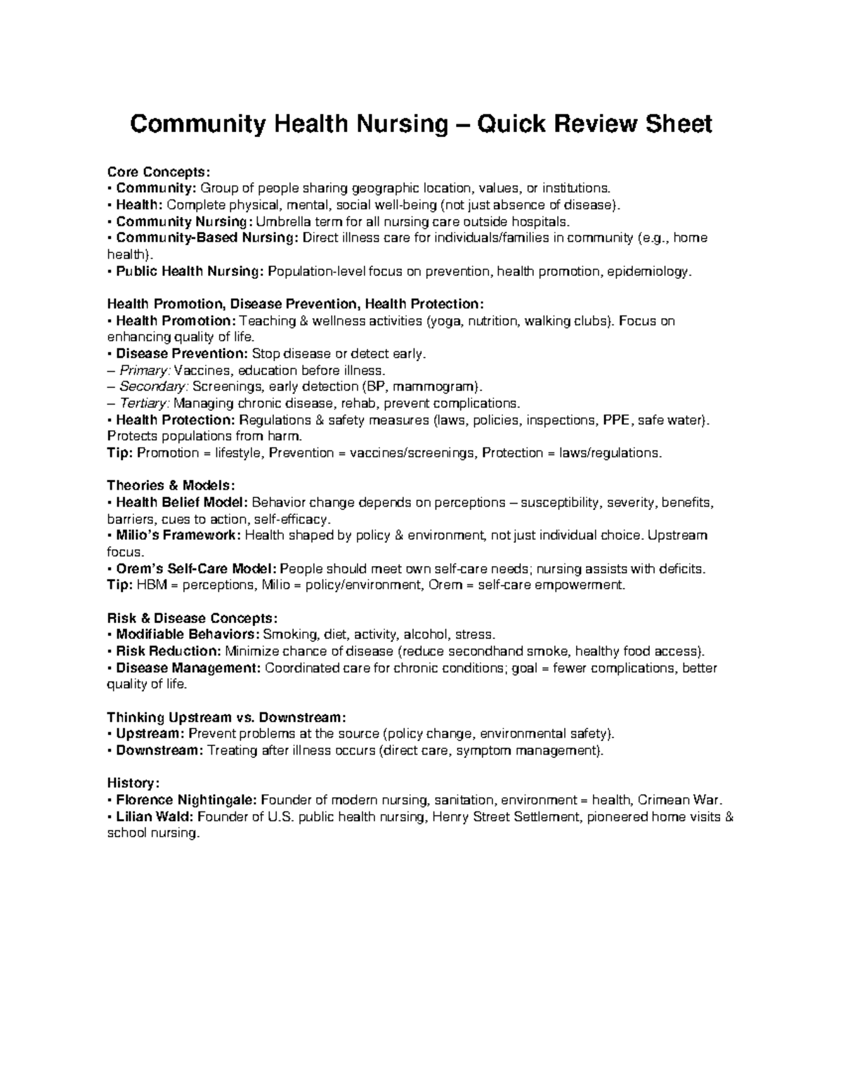 Community Health Nursing Quick Review Sheet: Core Concepts - Studocu