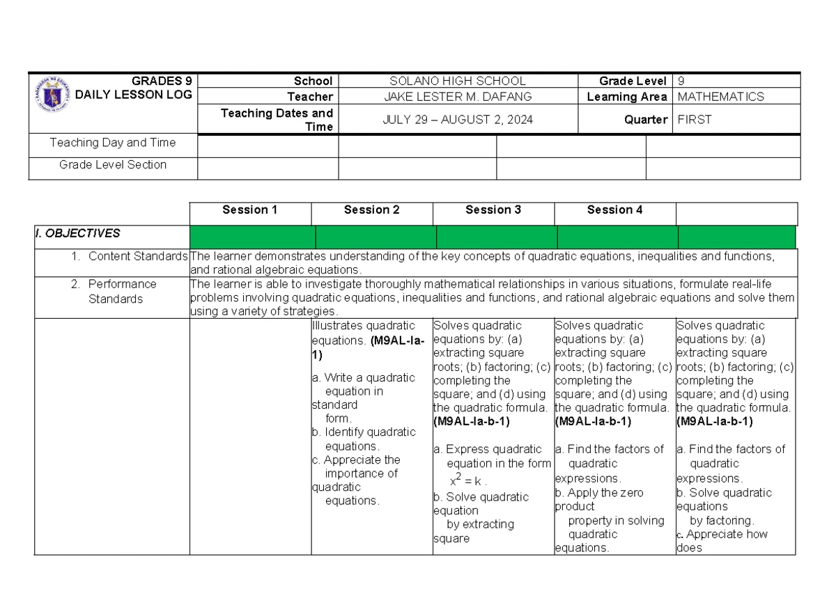 DLL Grade 9 Week 2 Mathematics Daily Lesson Log: Quadratic Equations ...