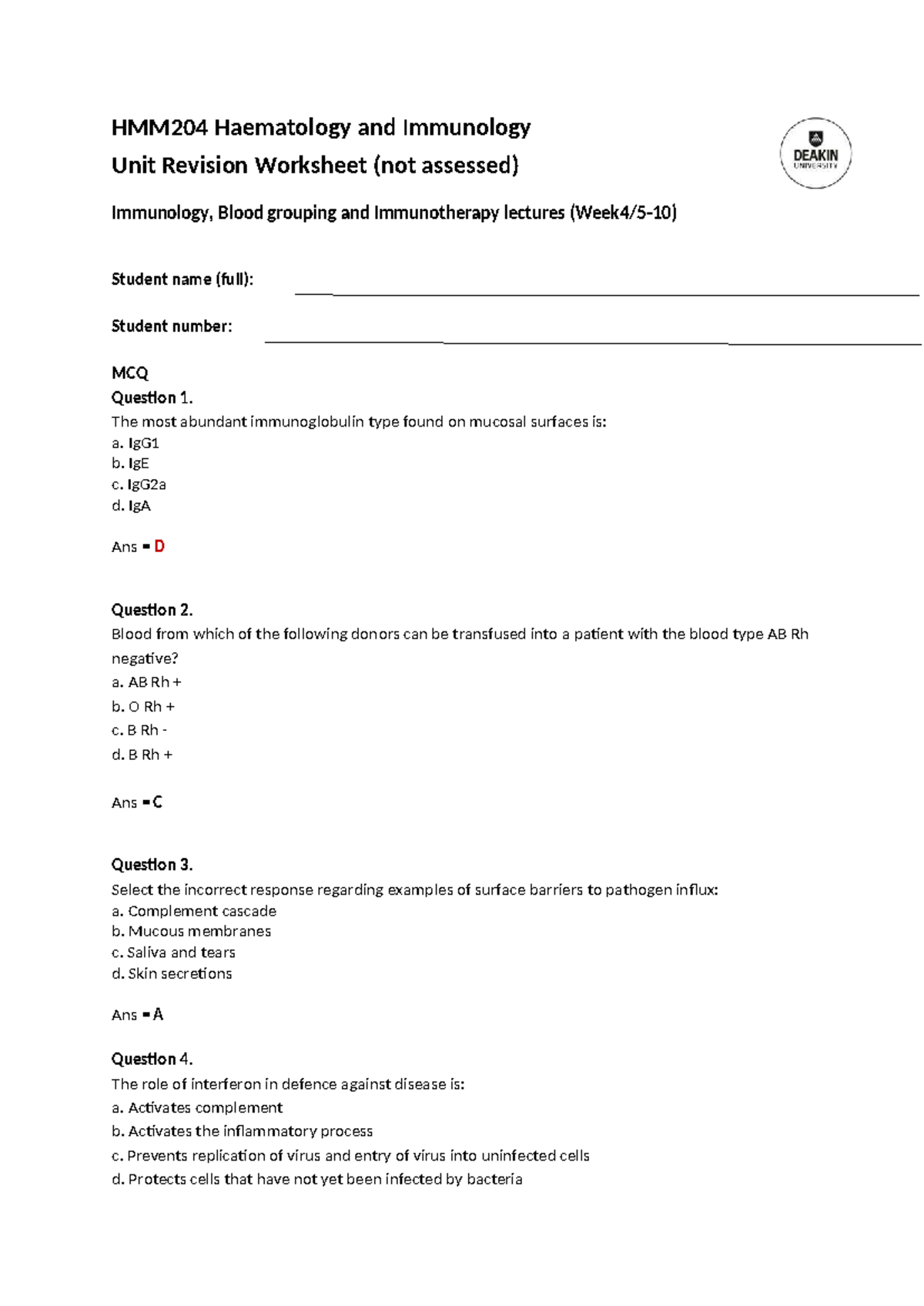 HMM204 Haematology & Immunology Revision Practice Questions - Studocu