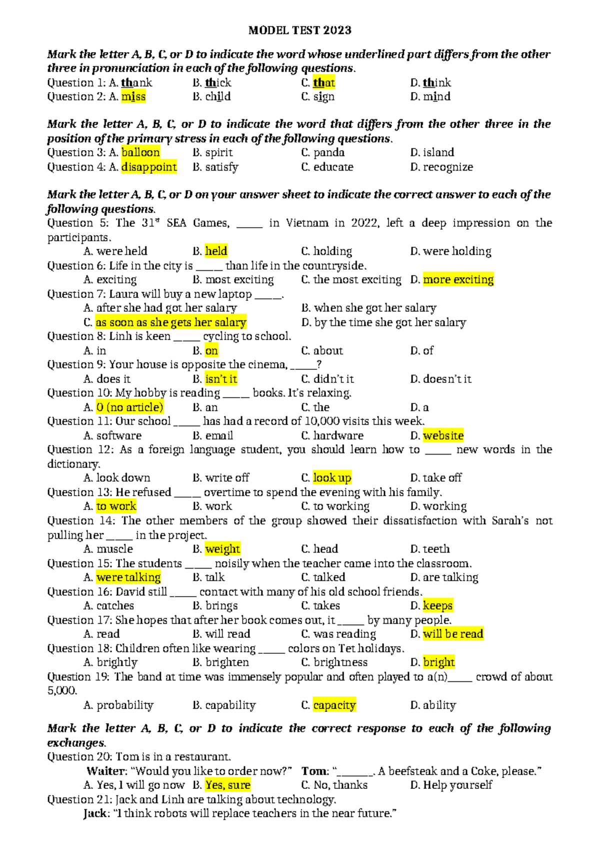Model TEST 2023 KEY - MODEL TEST 2023 Mark the letter A, B, C, or D to ...