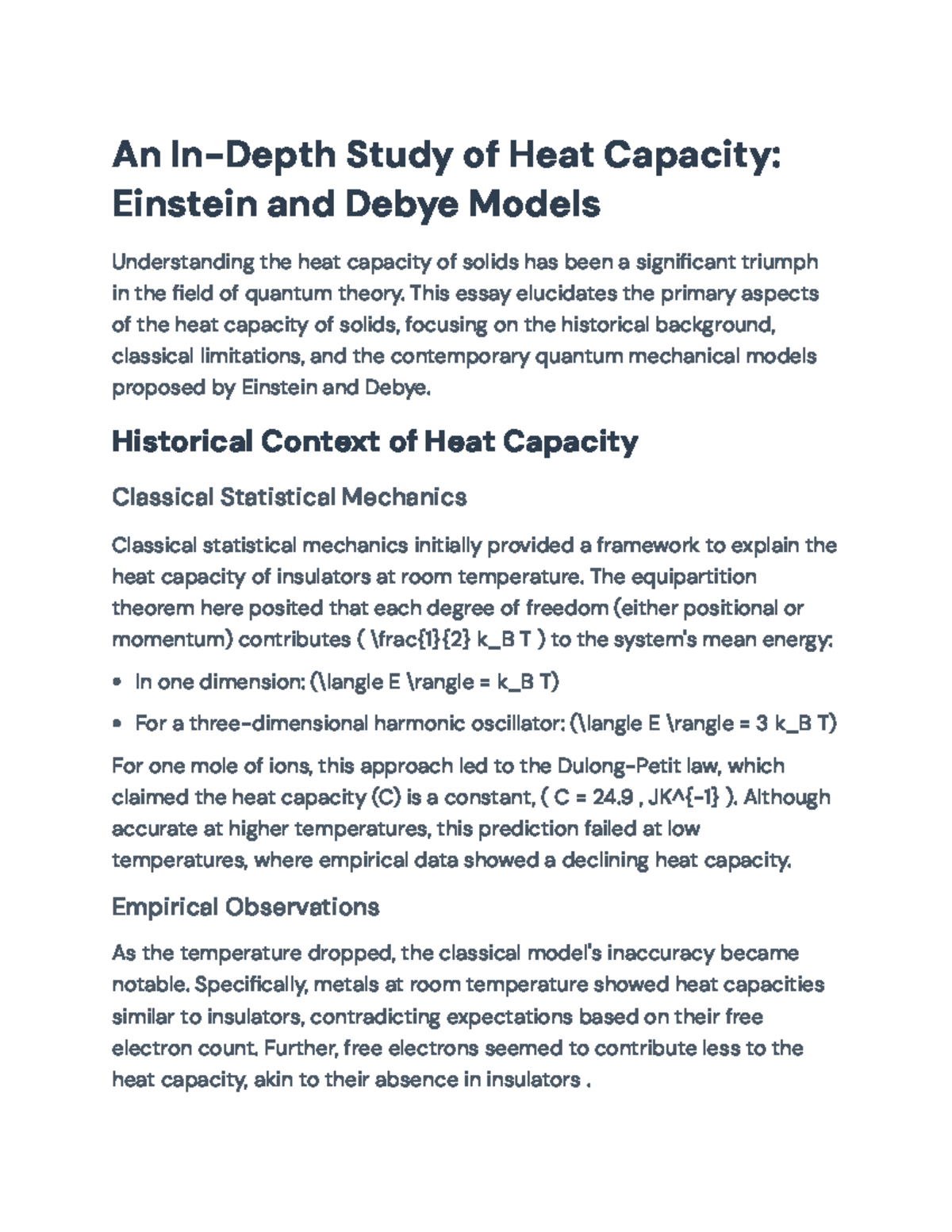 Analysis of Heat Capacity in Solids: Einstein & Debye Models - An In ...
