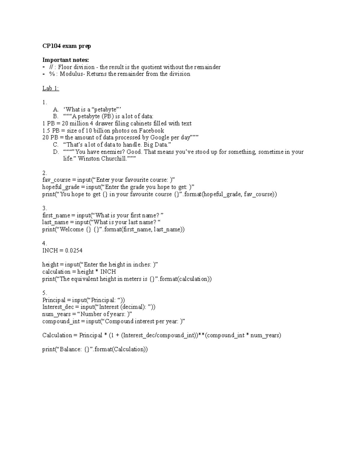 CP104 exam prep - Midterm practice - CP104 exam prep Important notes ...