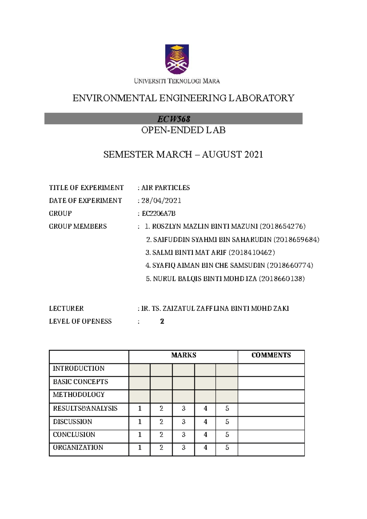 LAB Report: Air Particles Analysis - ENV ENG 2021 (ECW) - Studocu