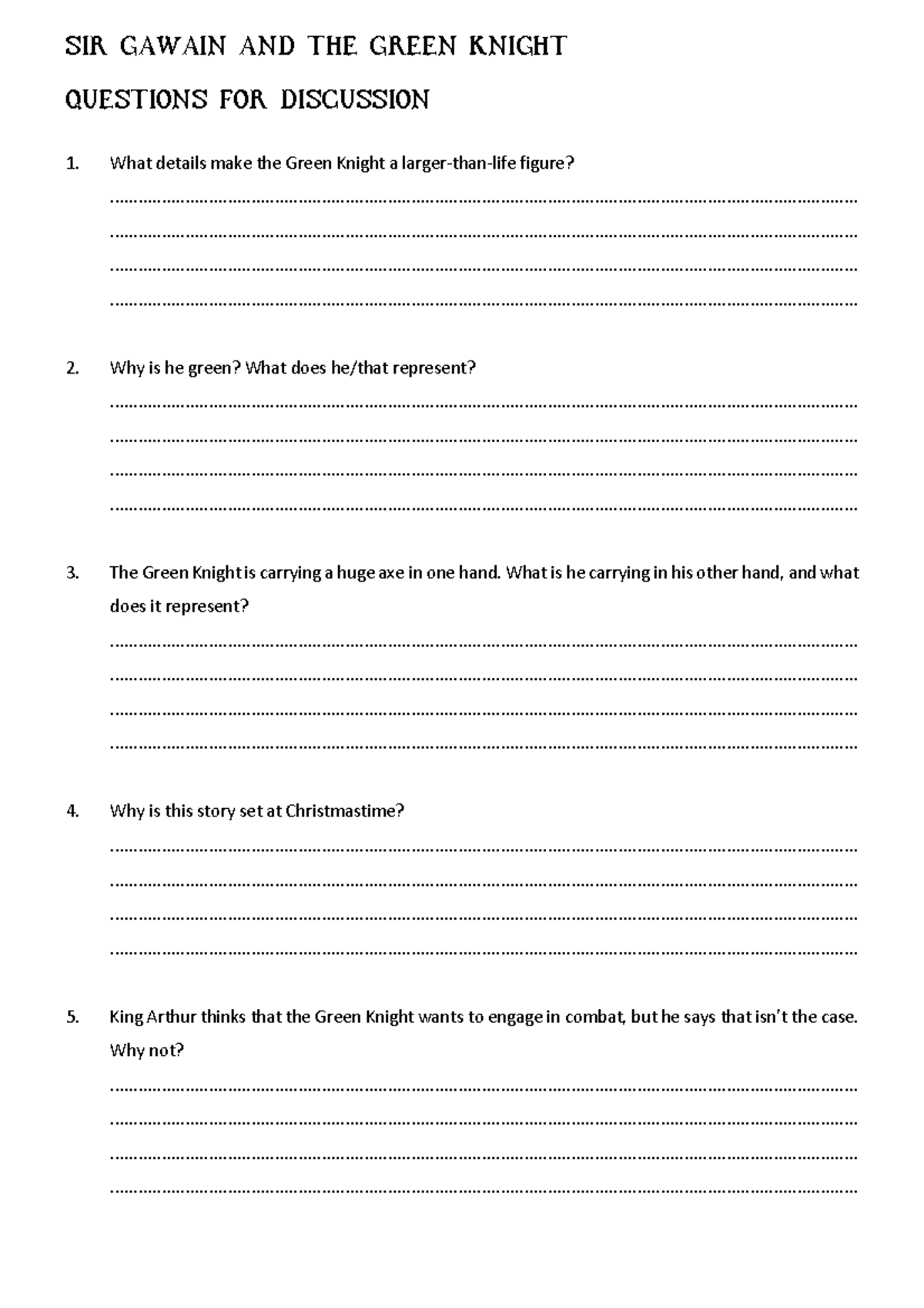 Sir Gawain and the Green Knight - Discussion Worksheet - Studeersnel