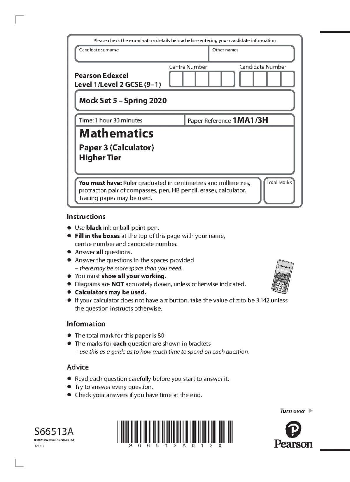 MOCK SET 8 - Paper 2H - Edexcel GCSE Maths (Higher Tier) - Studocu