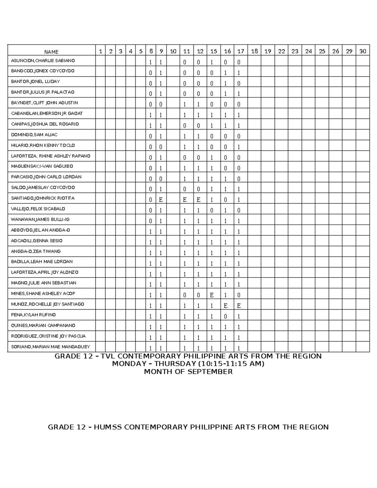 Attendance Sheet for GRADE 12 TVL & HUMSS - Sept 2023 - Studocu