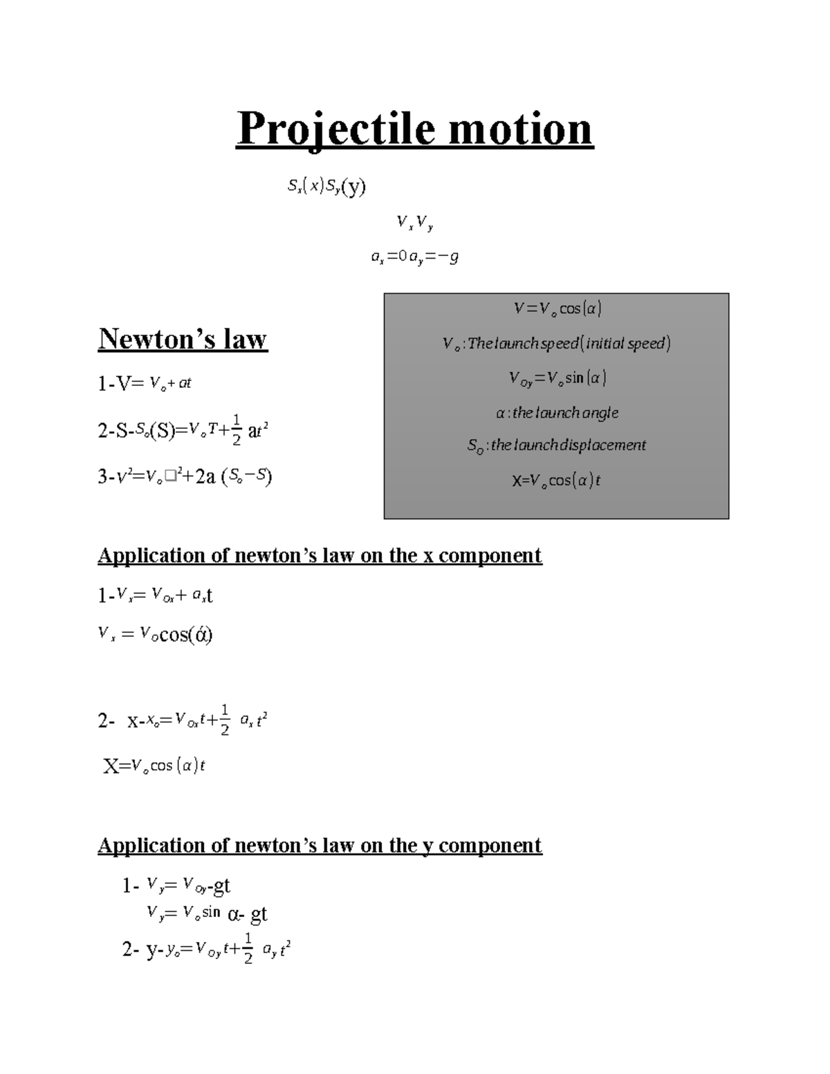 Projectile Motion: Key Equations and Newton's Laws - Studocu