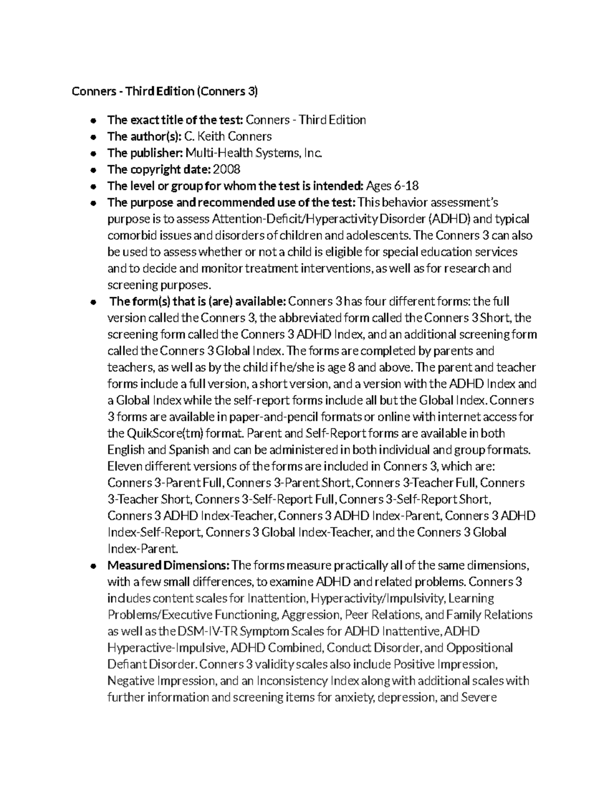 Conners 3 Notes: Overview of the Third Edition for ADHD Assessment ...