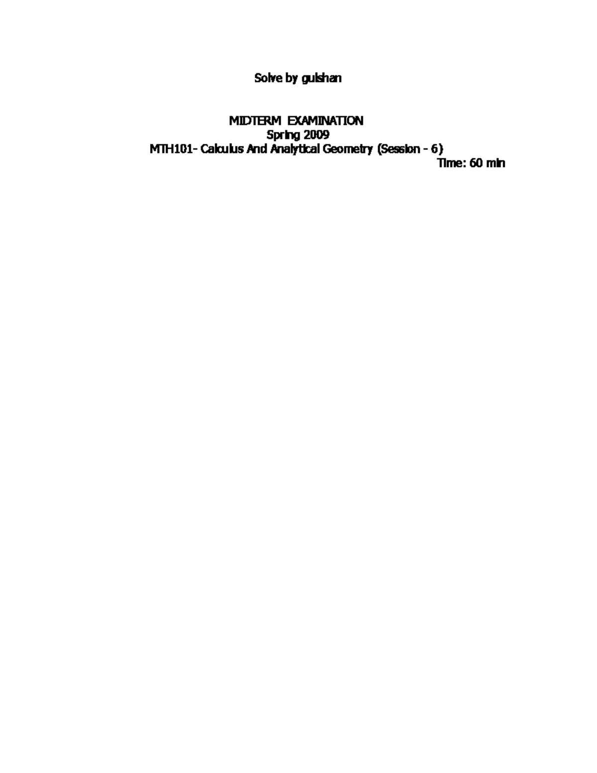 MTH101 Midterm Exam Paper 6 - Calculus and Analytical Geometry - Studocu