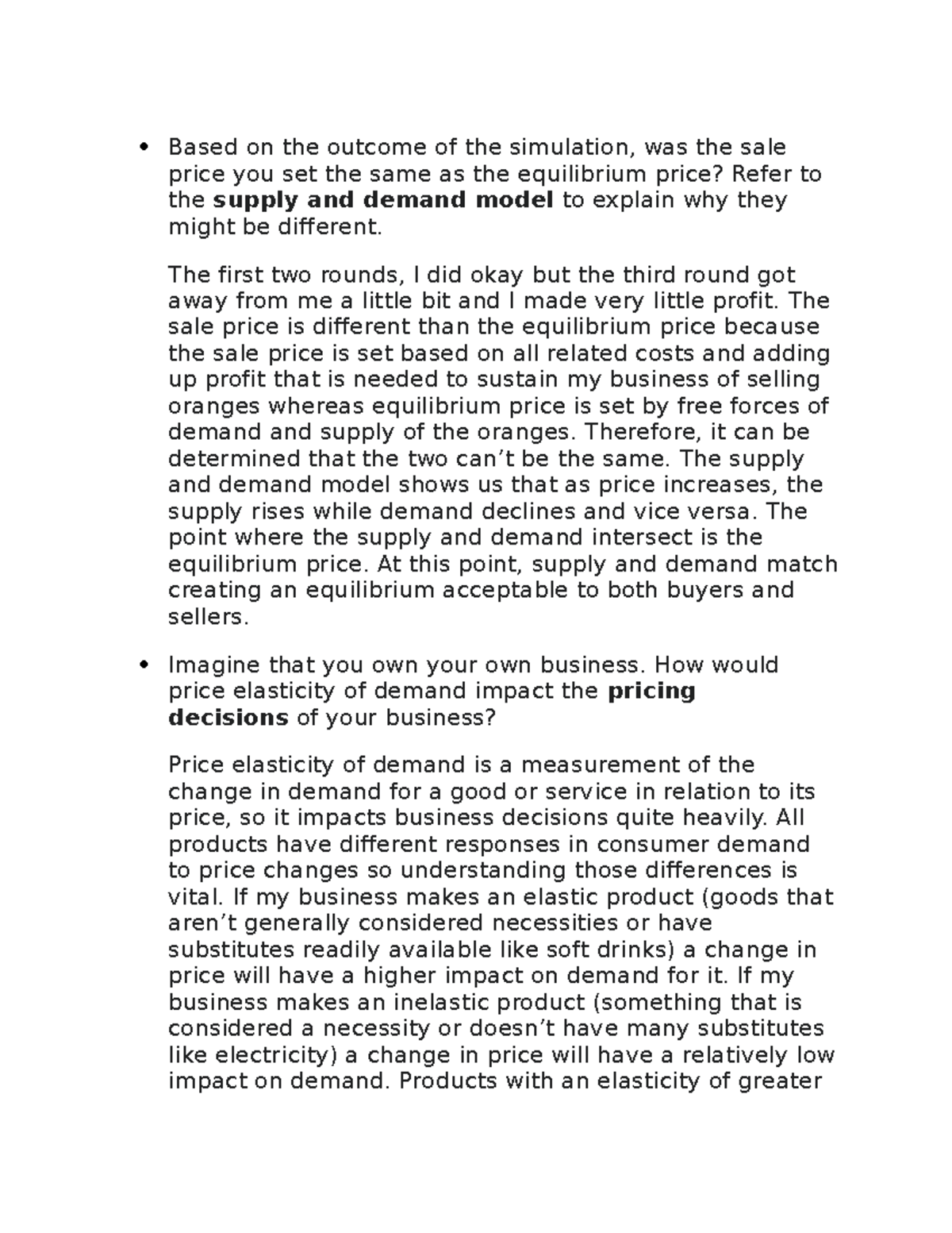 3-2 Simulation Discussion-Competitive Markets - Based on the outcome of ...
