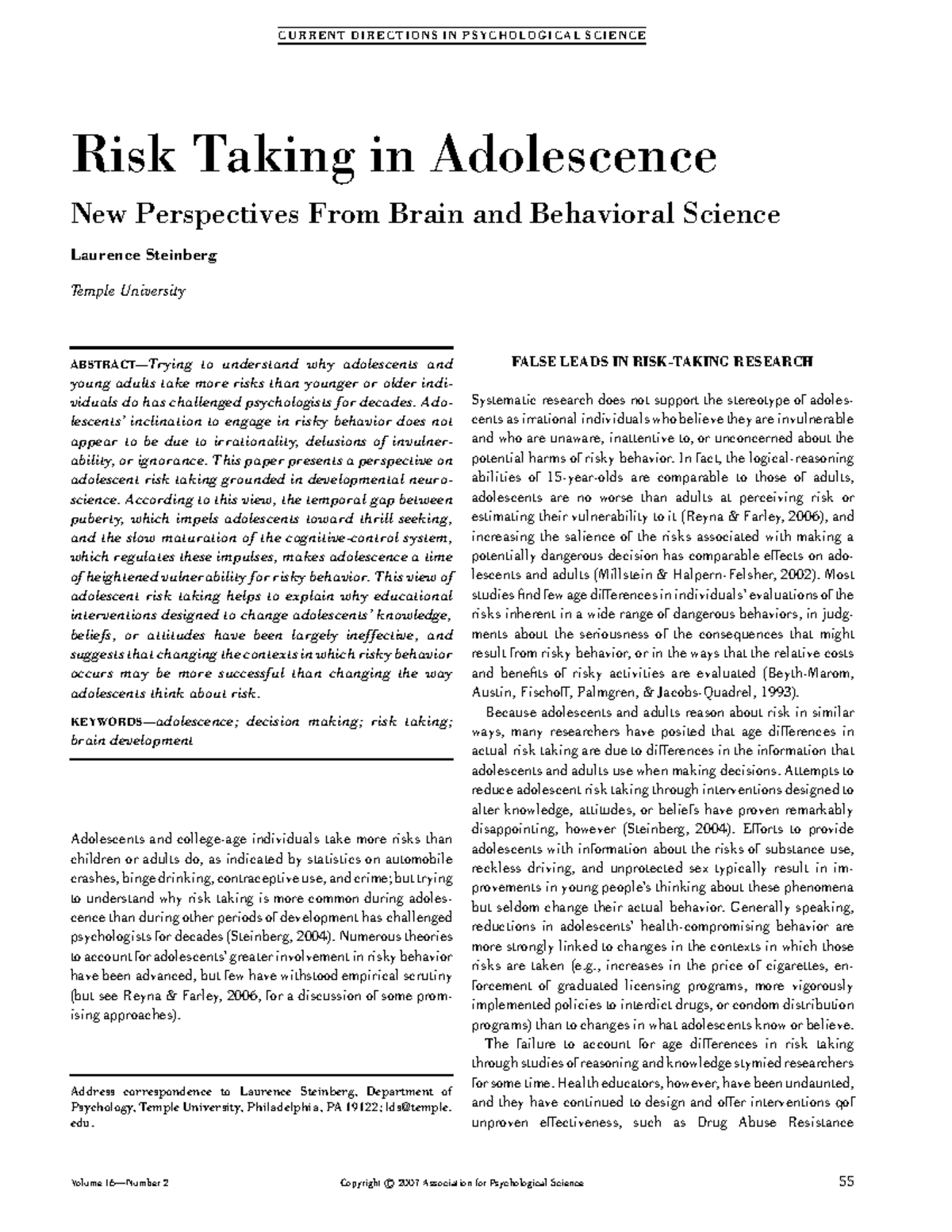 CU PSY 101: Adolescent Risk Taking - Insights from Neuroscience - Studocu
