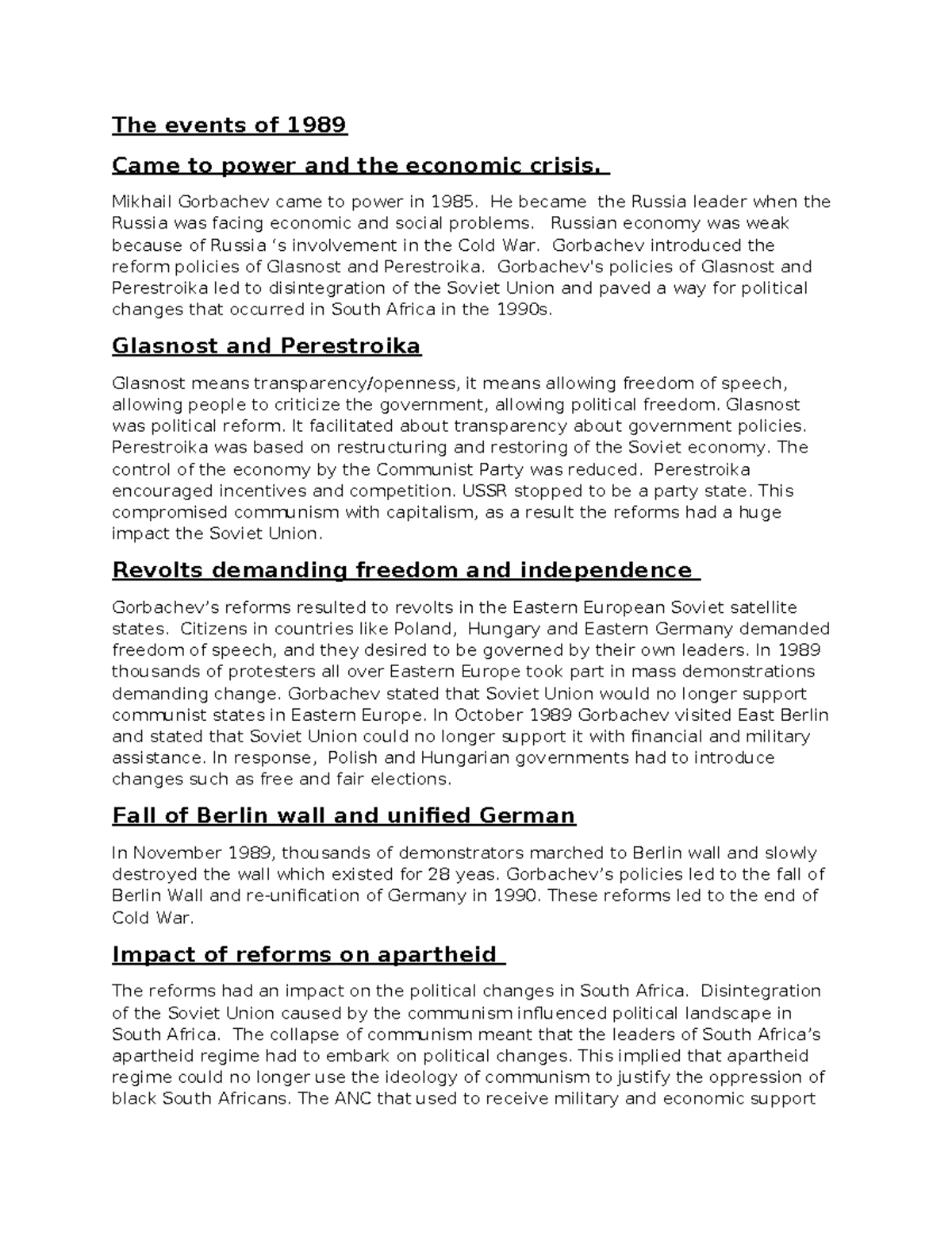 Mikhail Gorbachev: Reform Policies and Global Impact (HIST 101) - Studocu