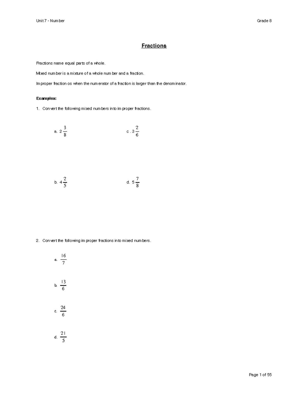 Unit 7 - Number Grade 8: Mastering Fractions and Mixed Numbers - Studocu