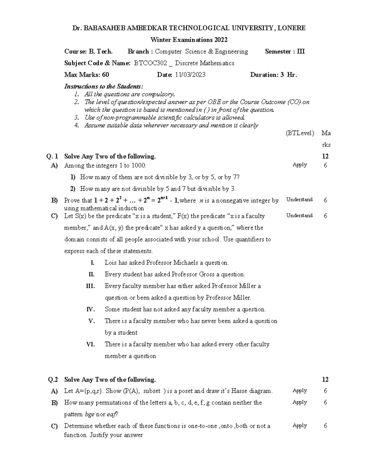 B. Tech. Winter Exam 2022 - BTCOC302 Discrete Mathematics Solutions ...