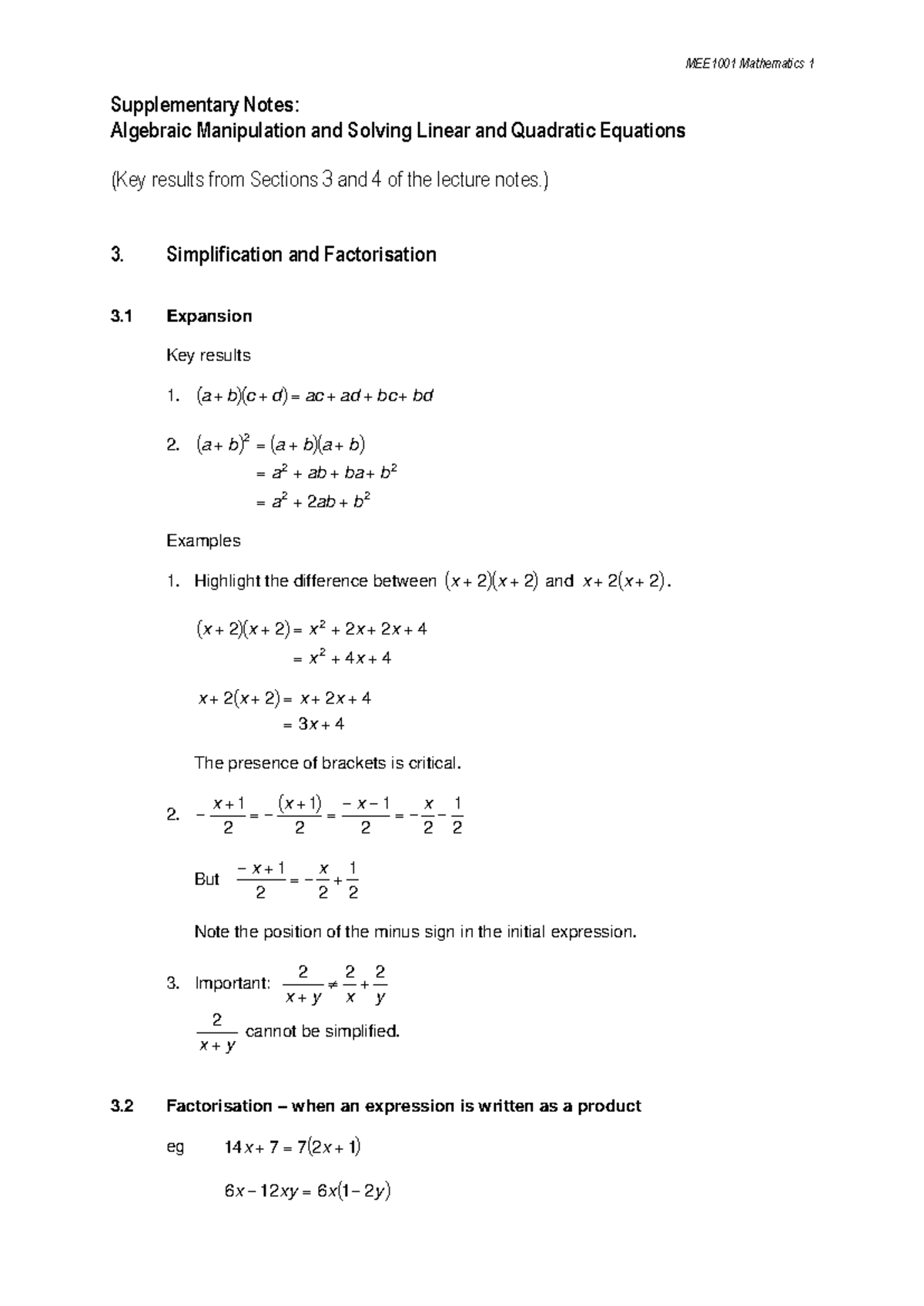 Section 3, 4 - algebraic manipulation, solving equations ...