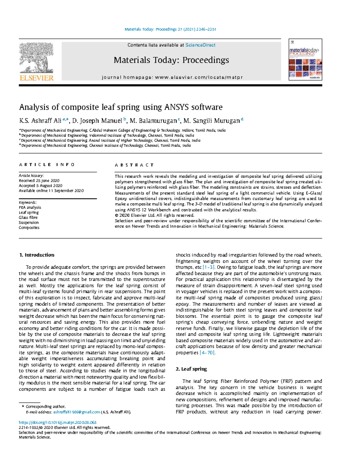 Analysis of Composite Leaf Spring Using ANSYS Software - MTE 2021 - Studocu
