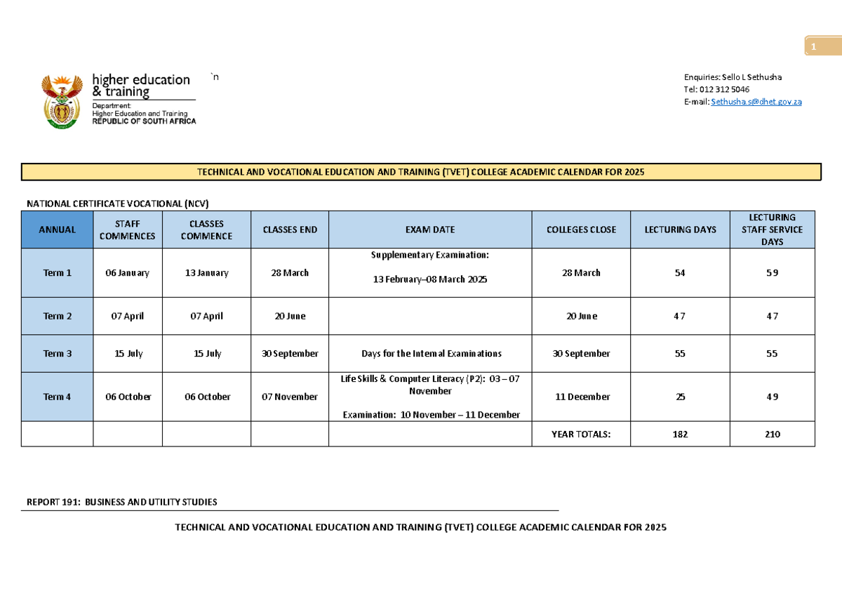 TVET College Academic Calendar 2025: Key Dates & Terms - Studocu
