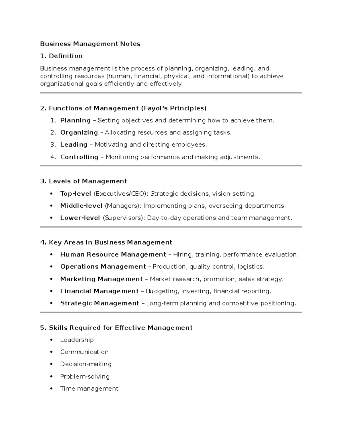 Business Management Notes: Key Concepts and Functions Overview - Studocu