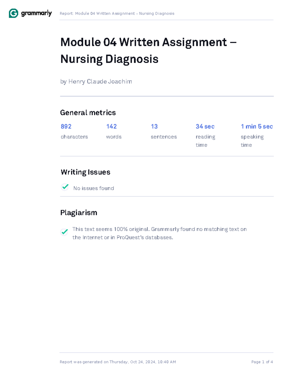 Report - thank you - Module 04 Written Assignment – Nursing Diagnosis ...