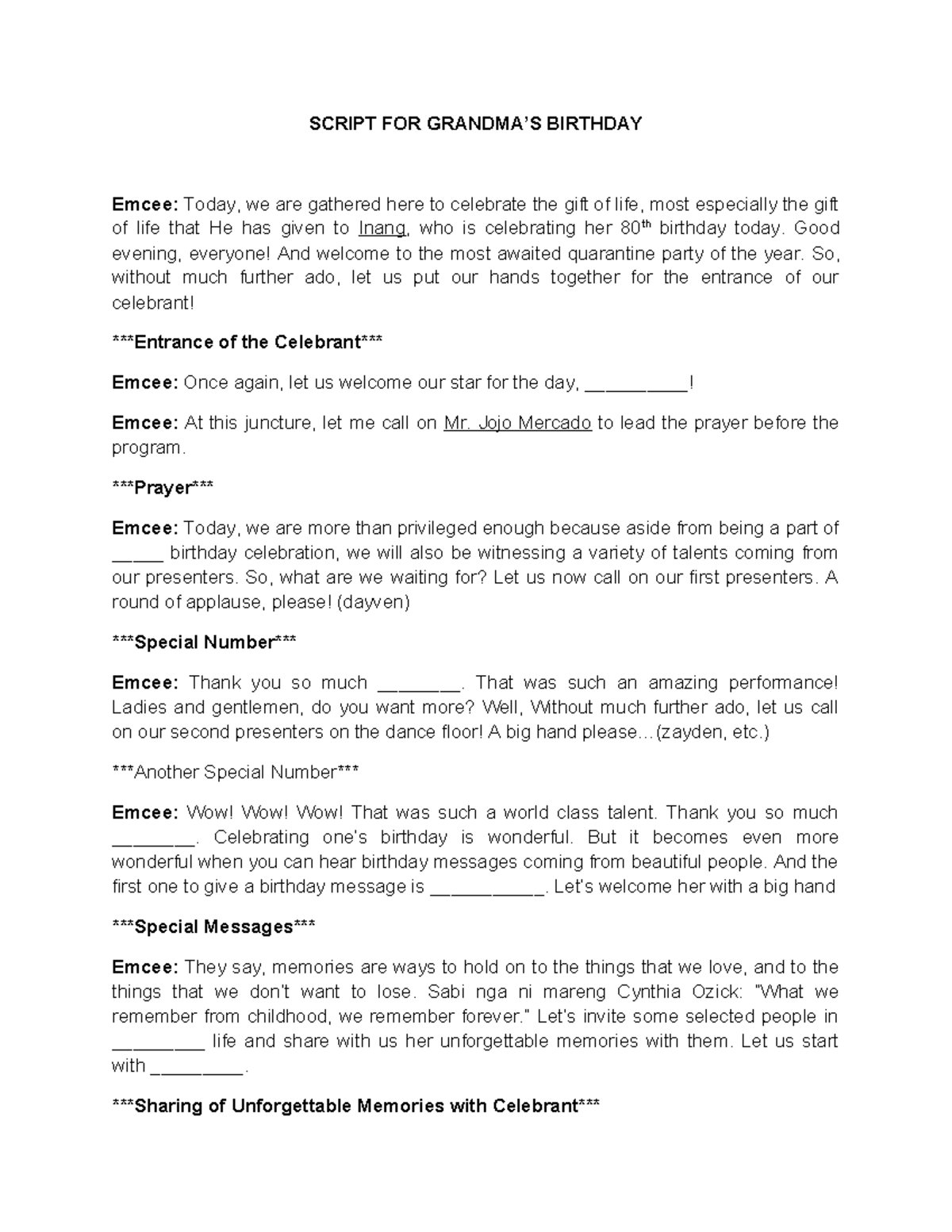 80th Birthday Celebration Script for Grandma - Studocu