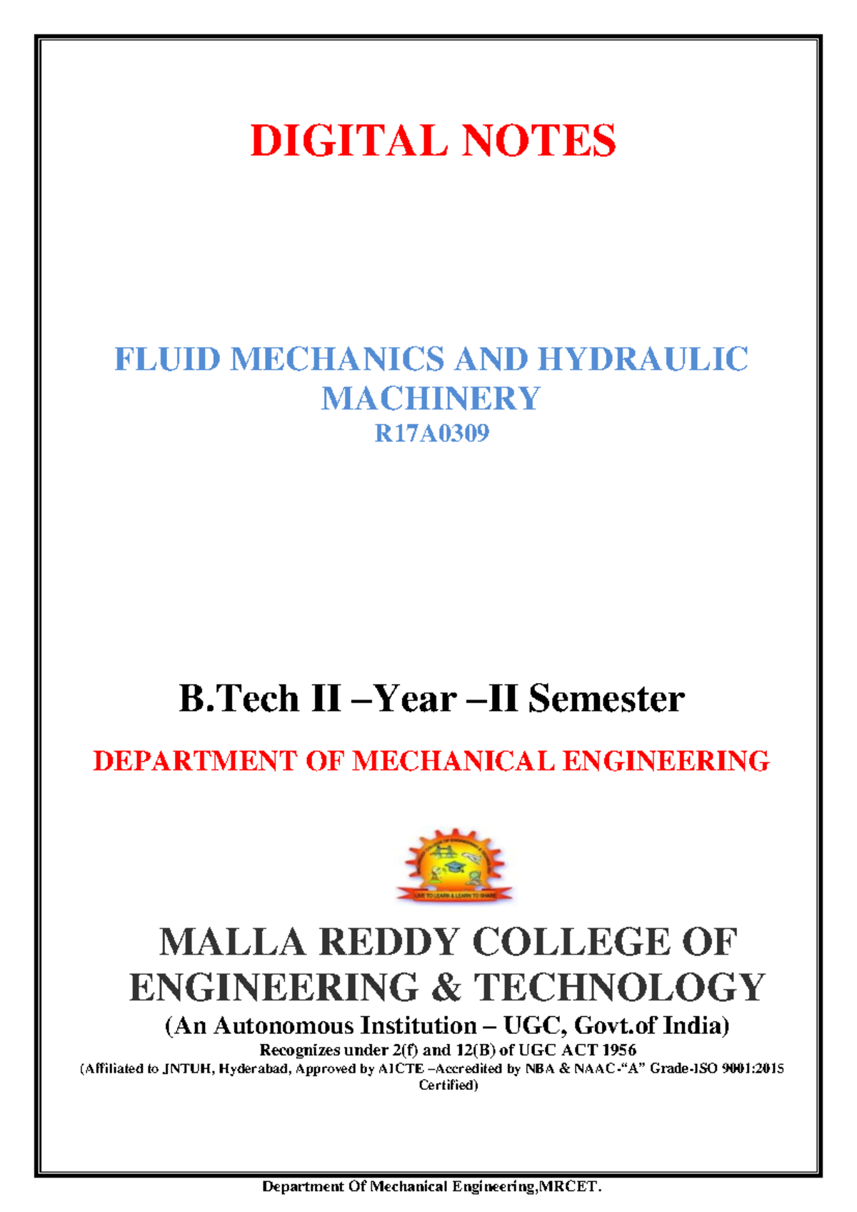 Fluid Mechanics and Hydraulic Machinery Notes R17A0309 B.Tech II Sem ...