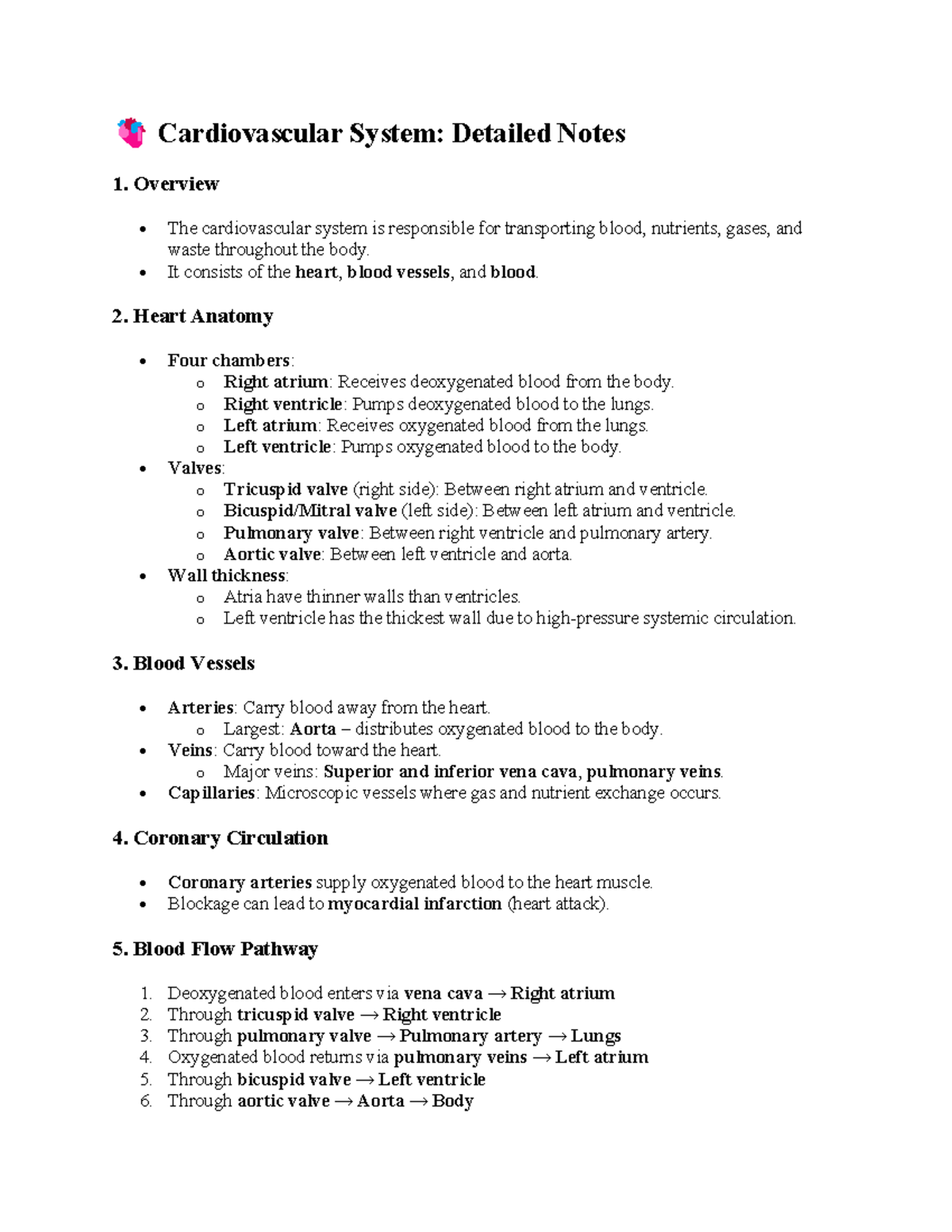 Cardiovascular System: Detailed Notes for BIO 101 Lecture - Studocu
