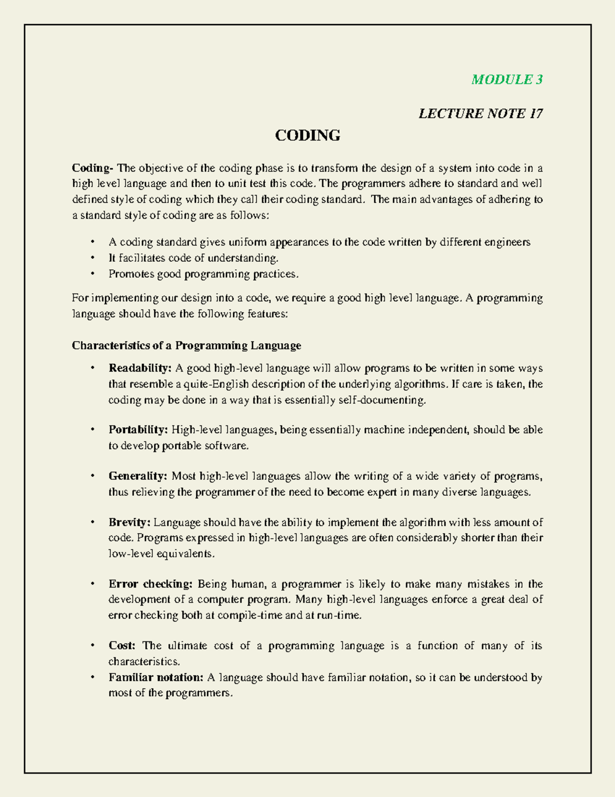 Coding in Software - MODULE 3 LECTURE NOTE 17 CODING Coding- The objective of the coding phase ...