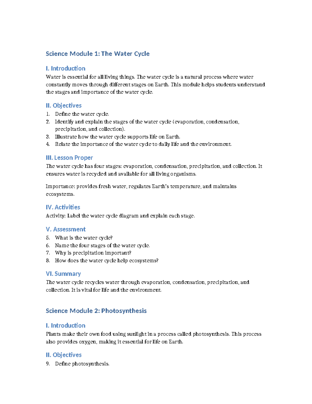 Science Modules: Water Cycle, Photosynthesis & States of Matter - Studocu