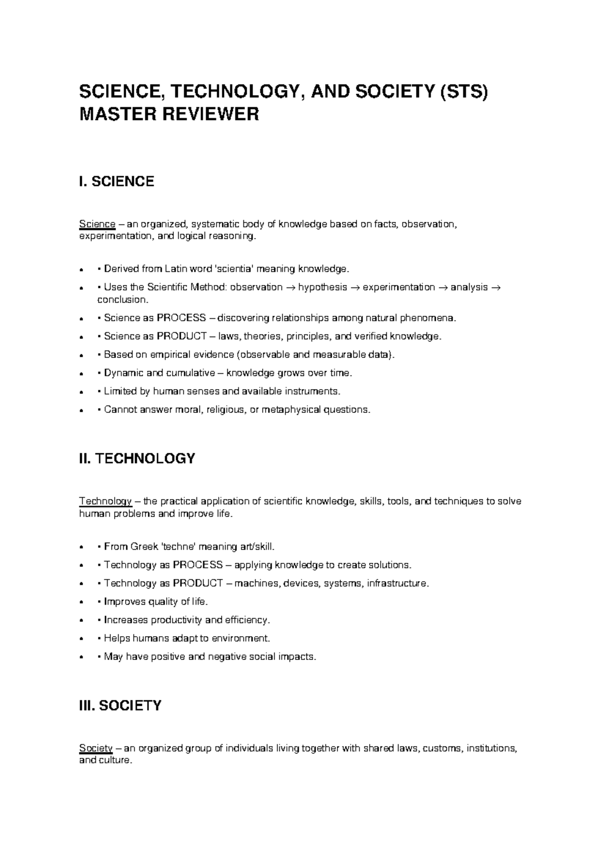 STS Master Reviewer: Science, Technology, and Society Exam Prep - Studocu