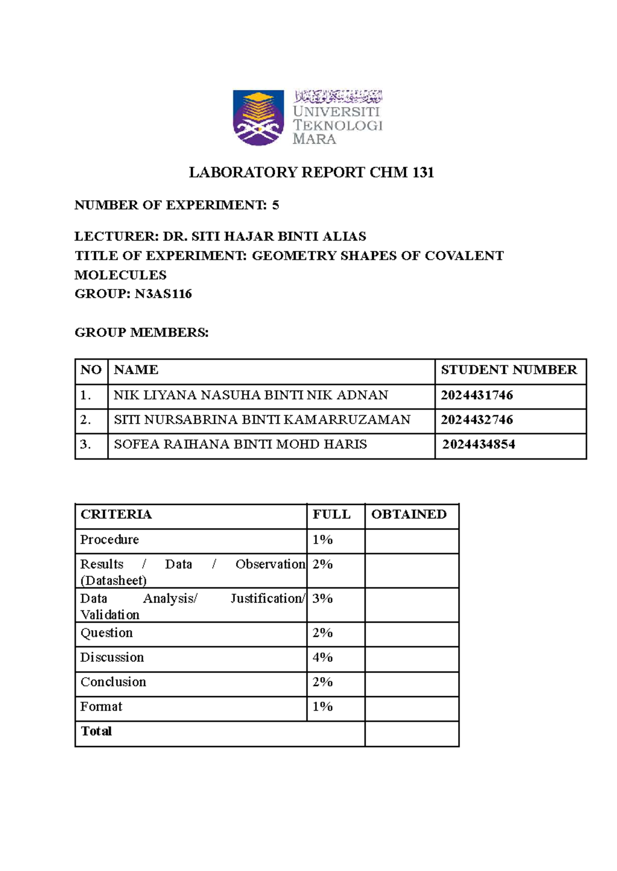 Laboratory report CHM 131: Geometry shapes of covalent molecules - Studocu