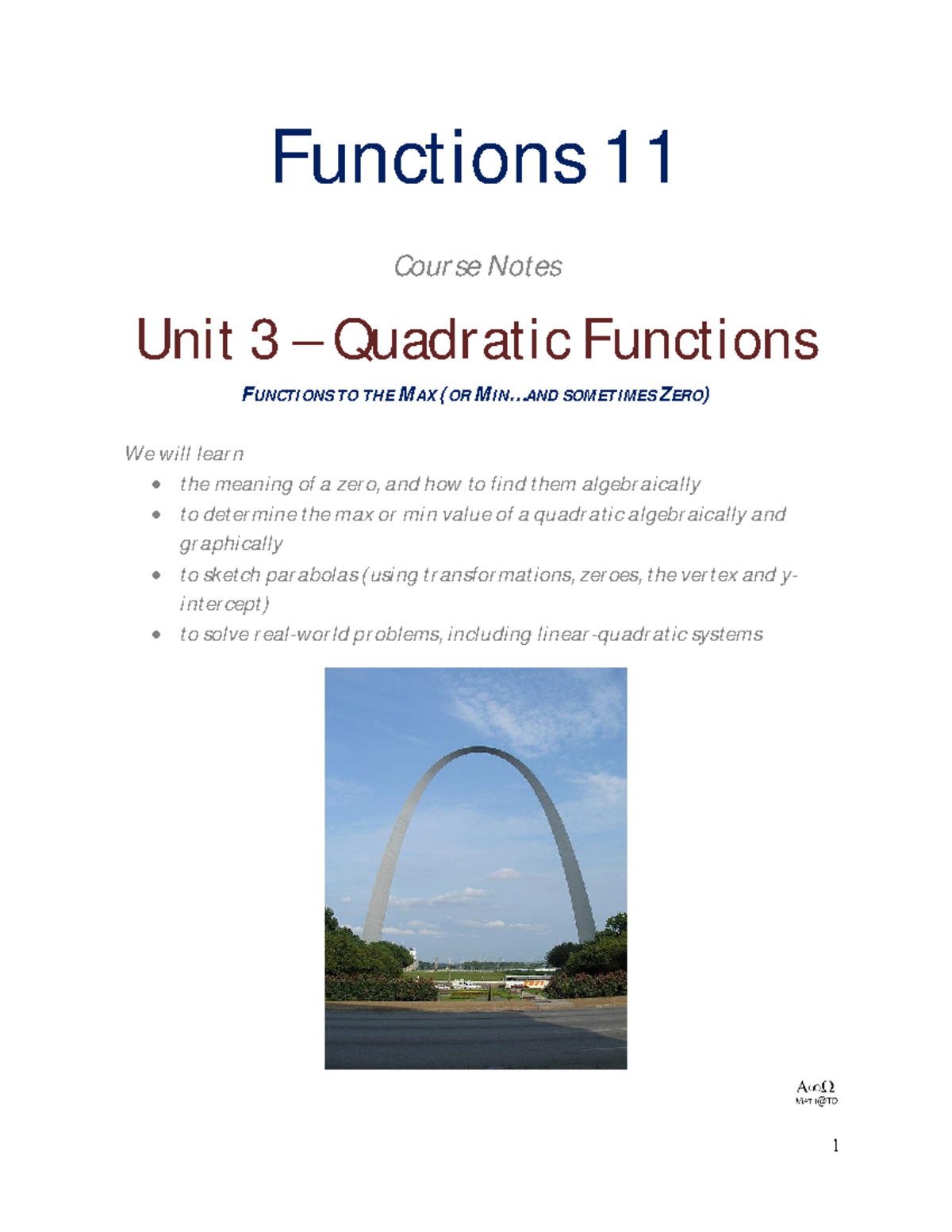 Functions 11 MCR3U Chapter 3 course notes on quadratic functions - Studocu
