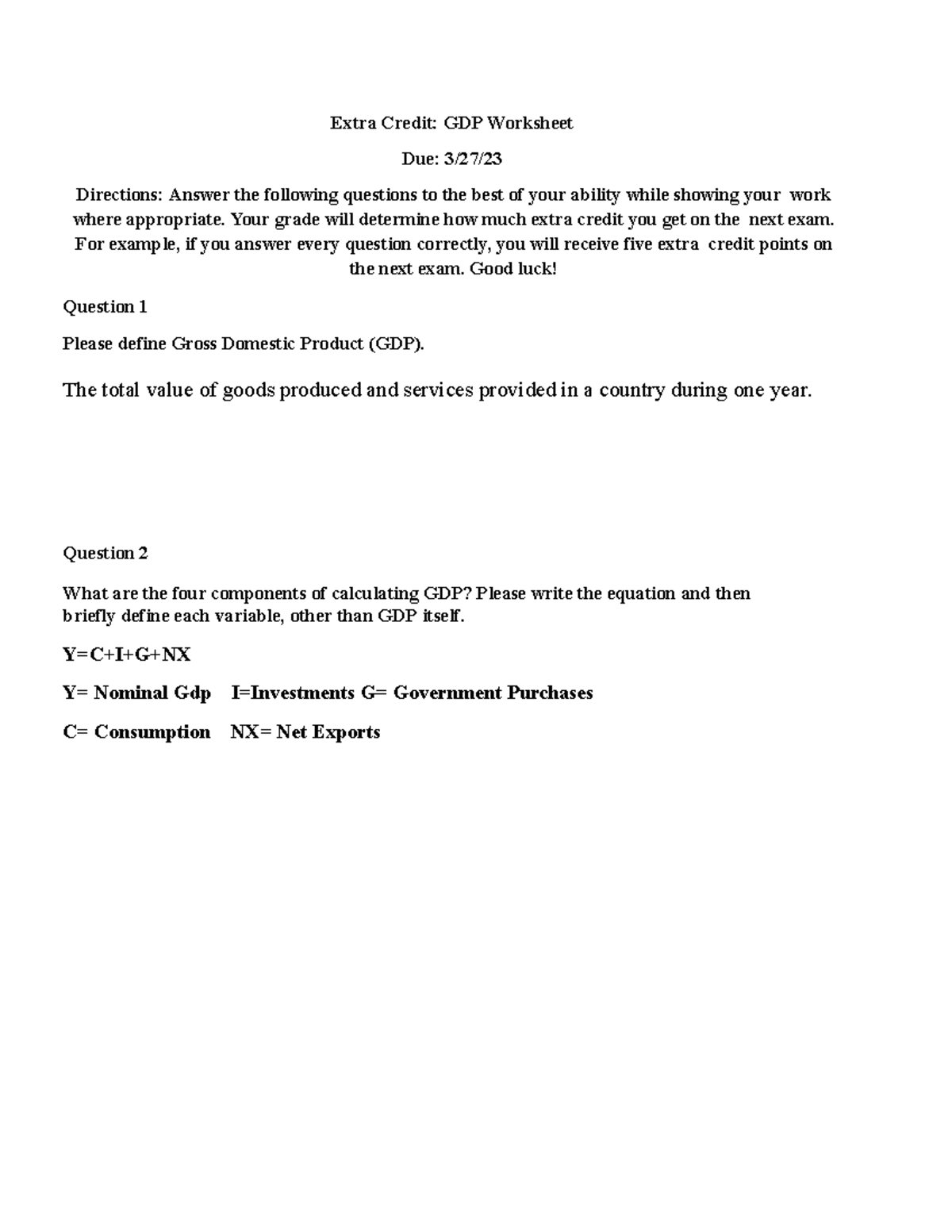 GDP Extra Credit Worksheet Key: Understanding GDP Components and ...