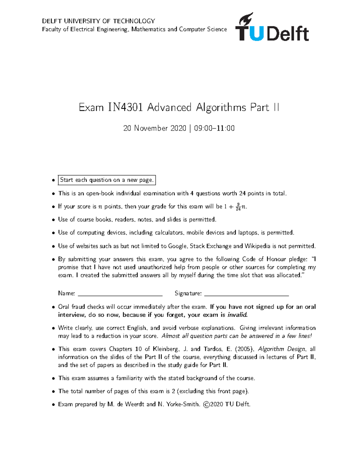 IN4301 Exam 2020-21: Advanced Algorithms Part II (Open-book) - Studeersnel
