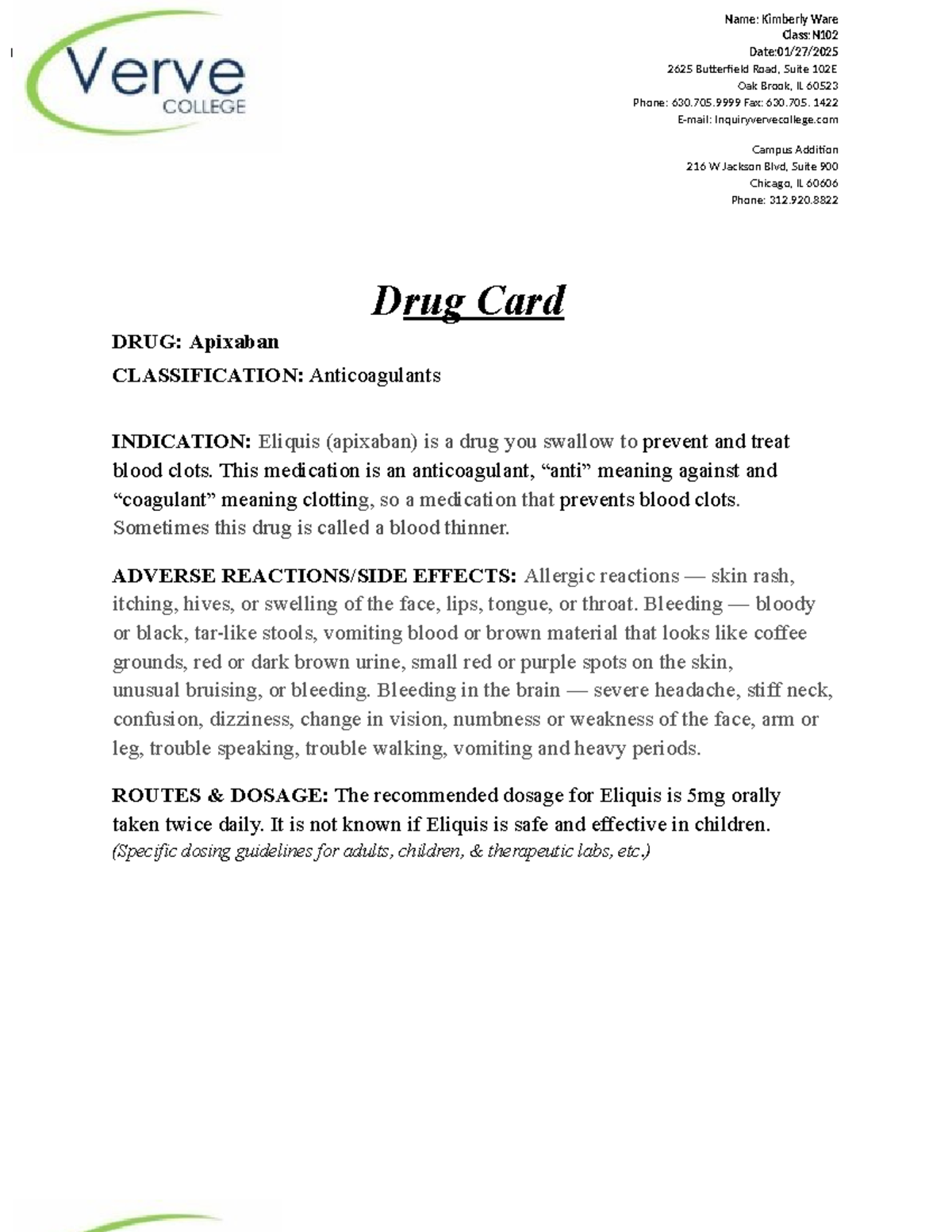 Apixaban (N102) - Drug card and classification details - Studocu