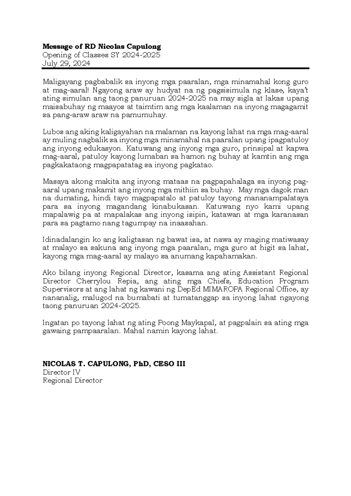 RD Message: Welcome Back to School SY 2024-2025 - Studocu