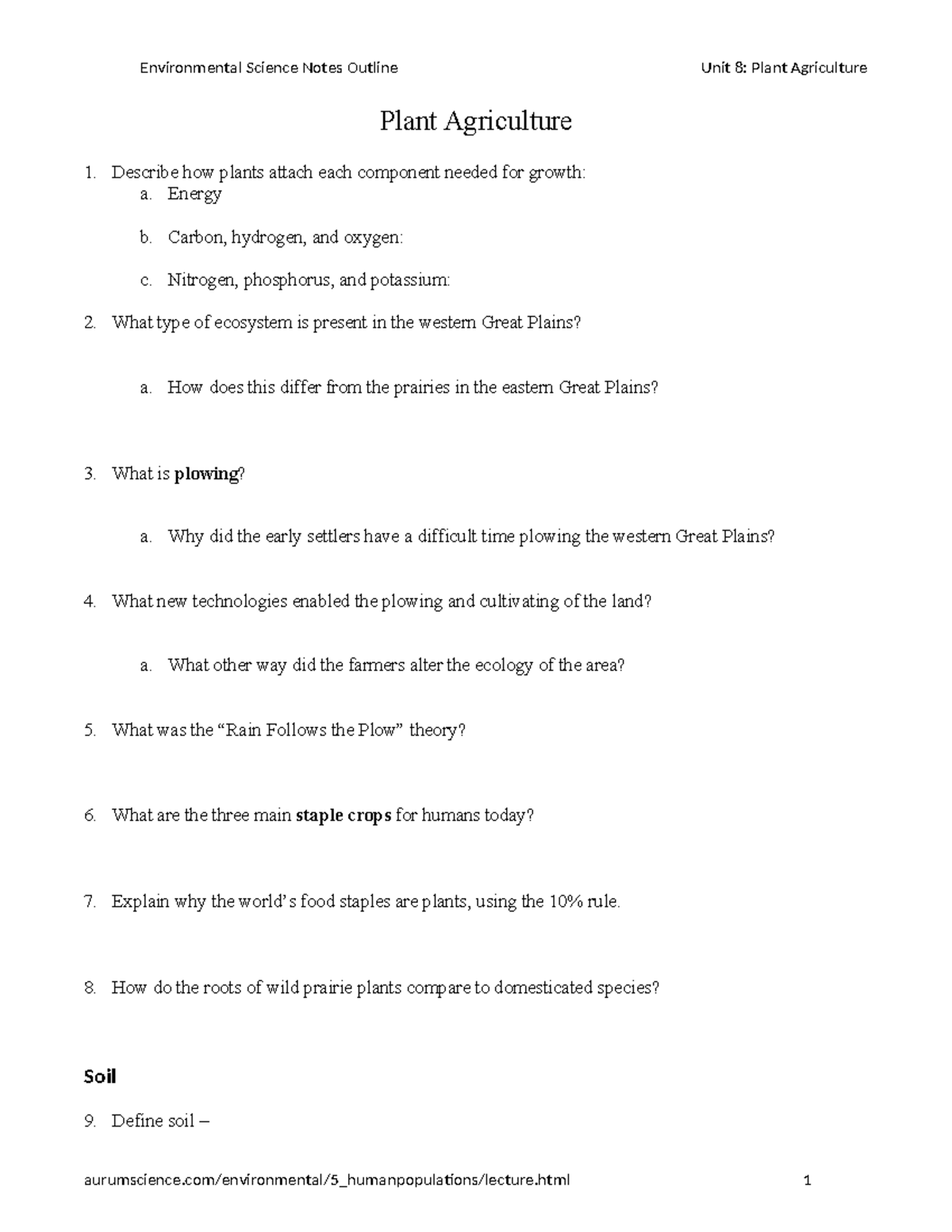 Plant Agriculture Notes Outline - Plant Agriculture 1. Describe how ...