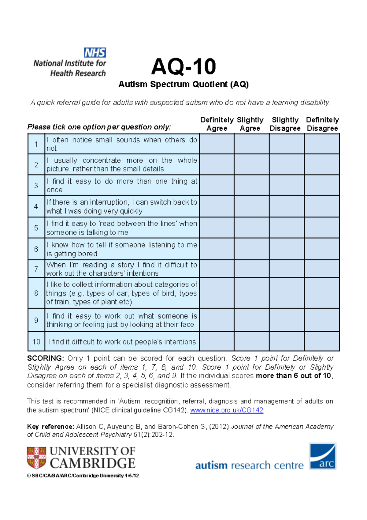 AQ10 - Autism Spectrum Quick Referral Guide for Adults - Studocu