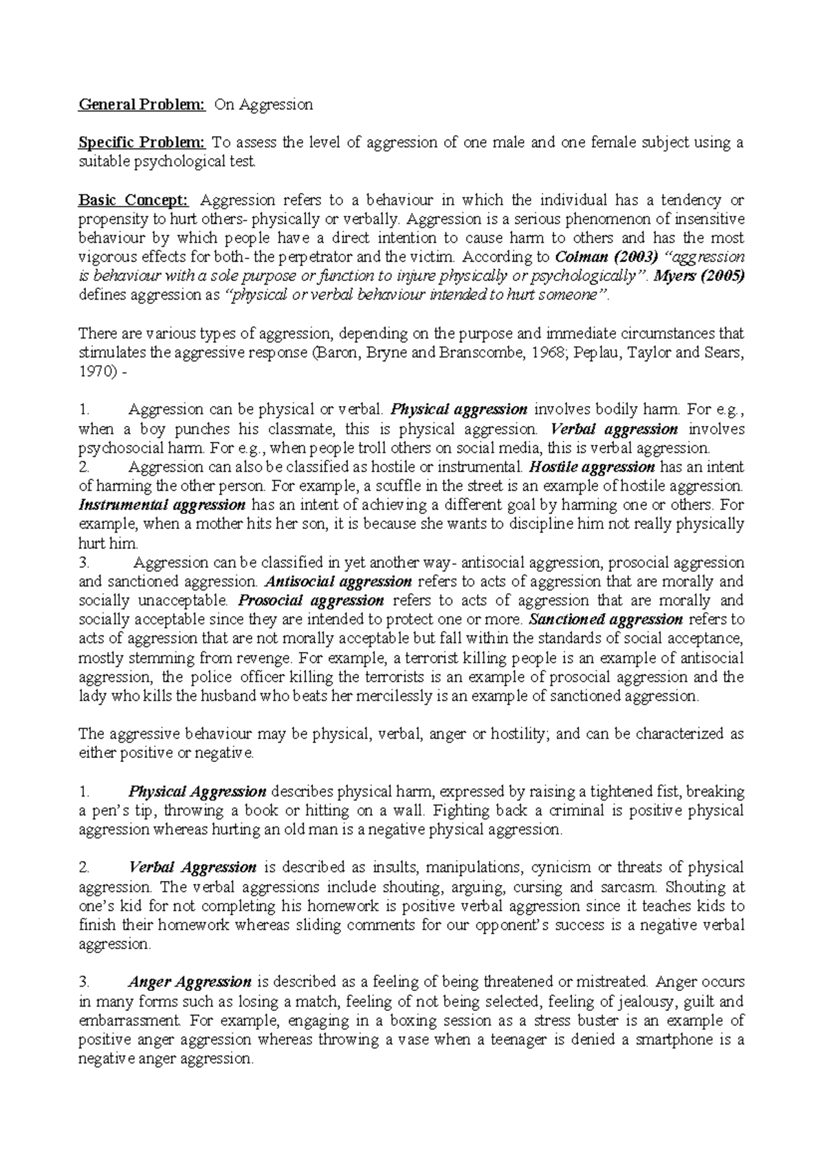 Aggression Assessment: A Study Using the Buss-Perry Questionnaire - Studocu