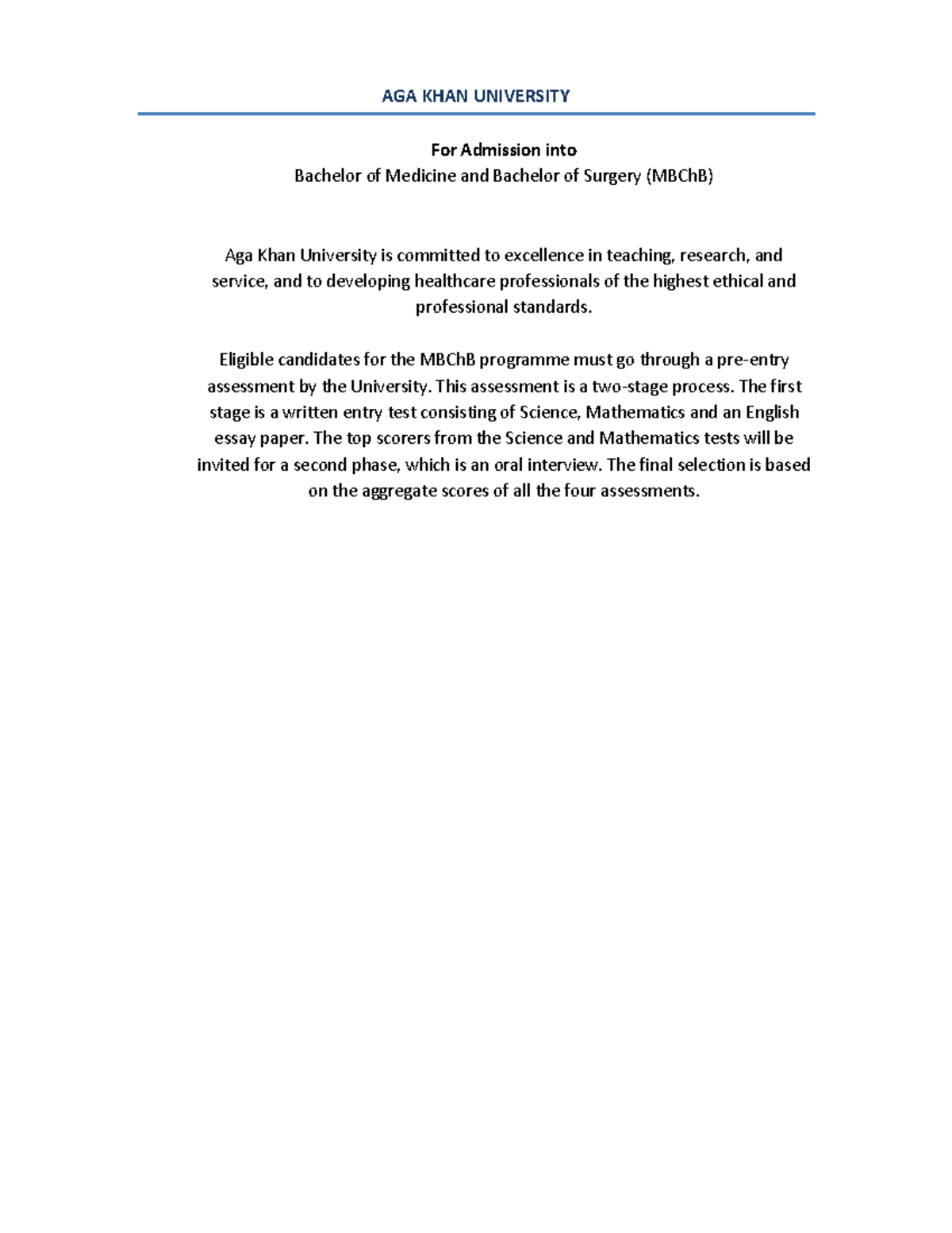 Entrance Test Specifications for MBChB Admission at AKU - Studocu