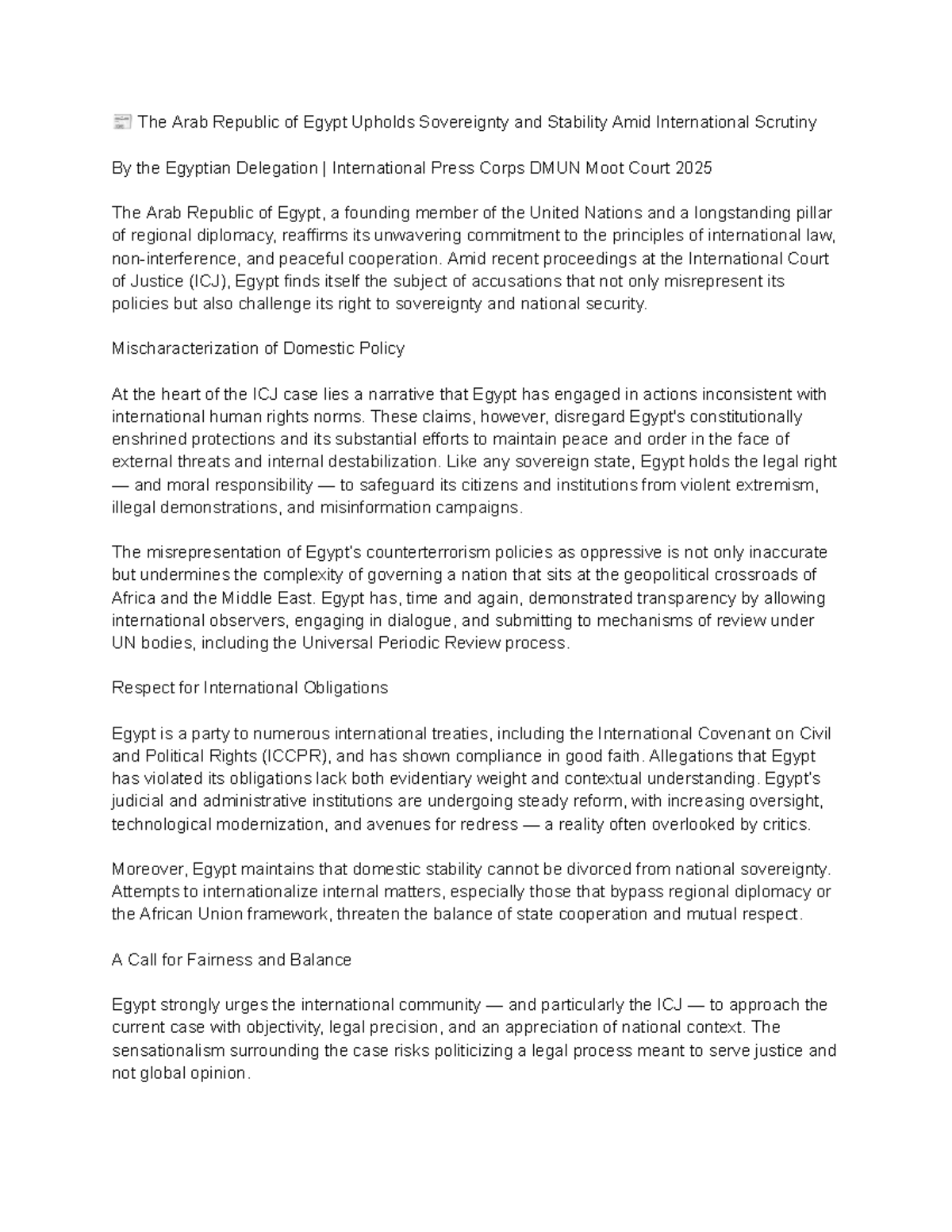 Egypt's Sovereignty & Stability: Position Paper for DMUN Moot Court ...