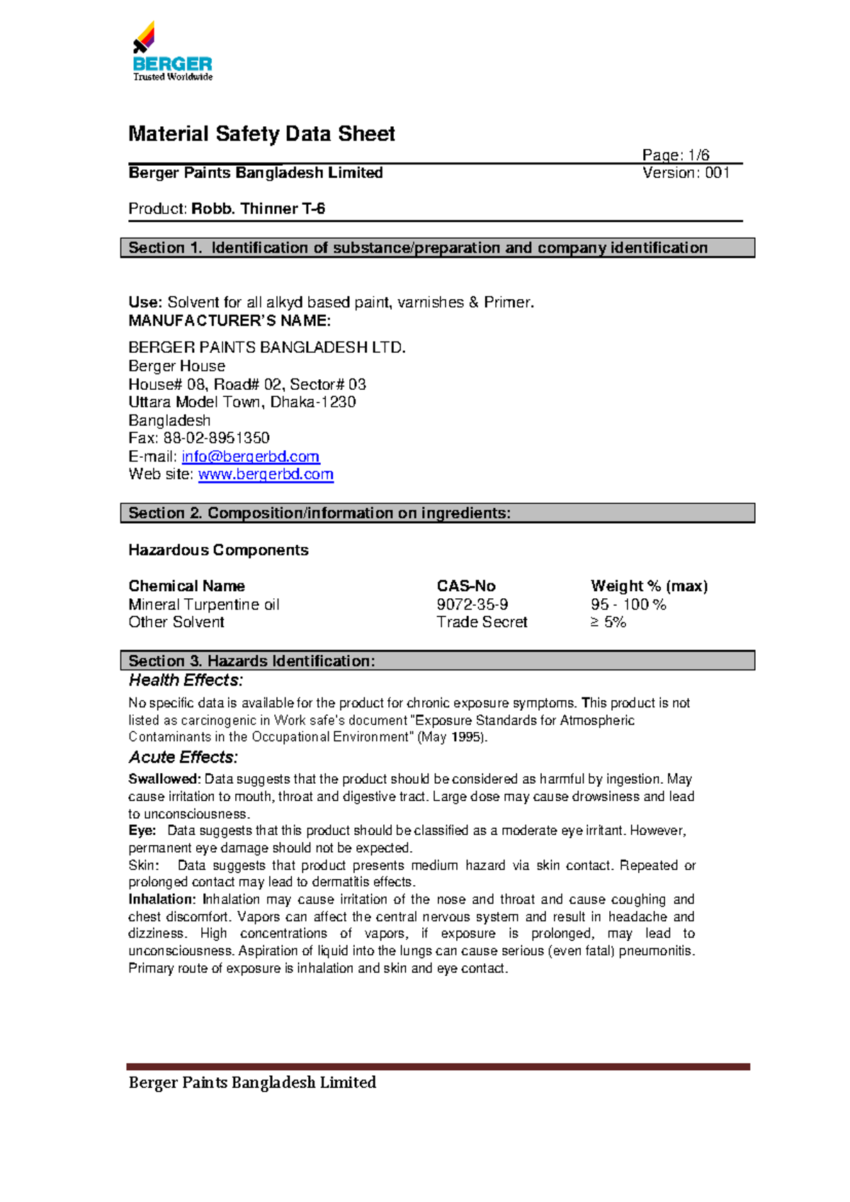 MSDS for Robb Thinner T-6 - Safety & Handling Guidelines - Studocu