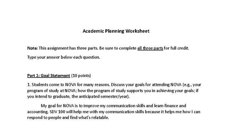 Academic Planning Worksheet - Academic Planning Worksheet Note: This ...