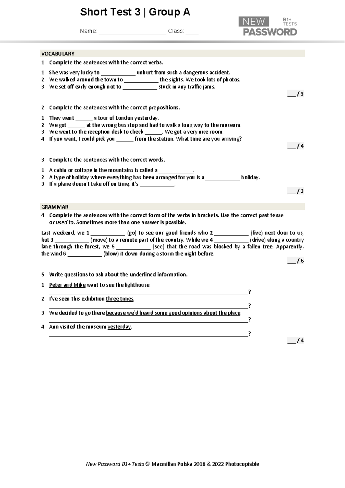 New Password B1+ ST 3A - Vocabulary & Grammar Short Test - Studocu