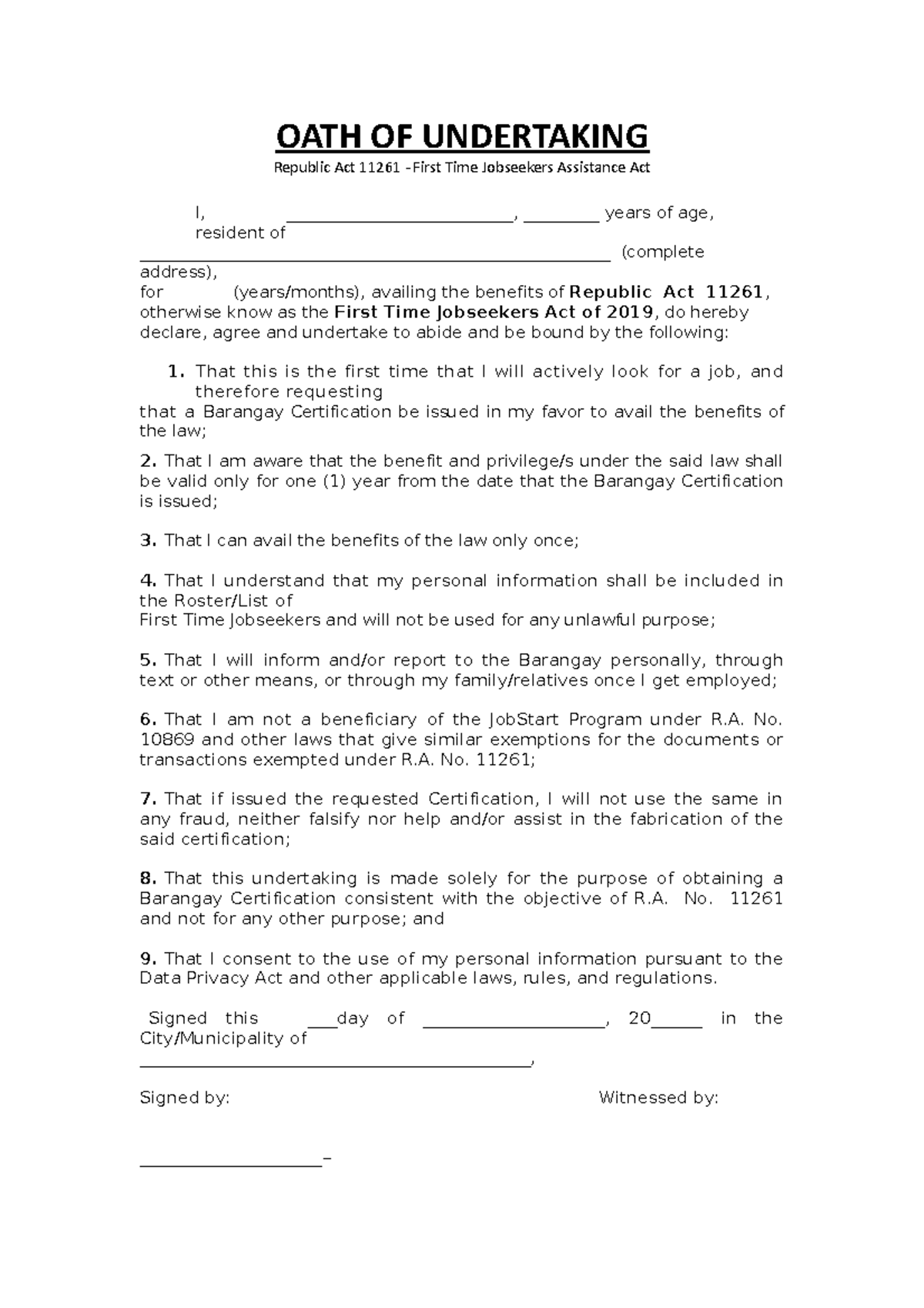 Oath of Undertaking: First Time Jobseeker Certification RA 11261 - Studocu