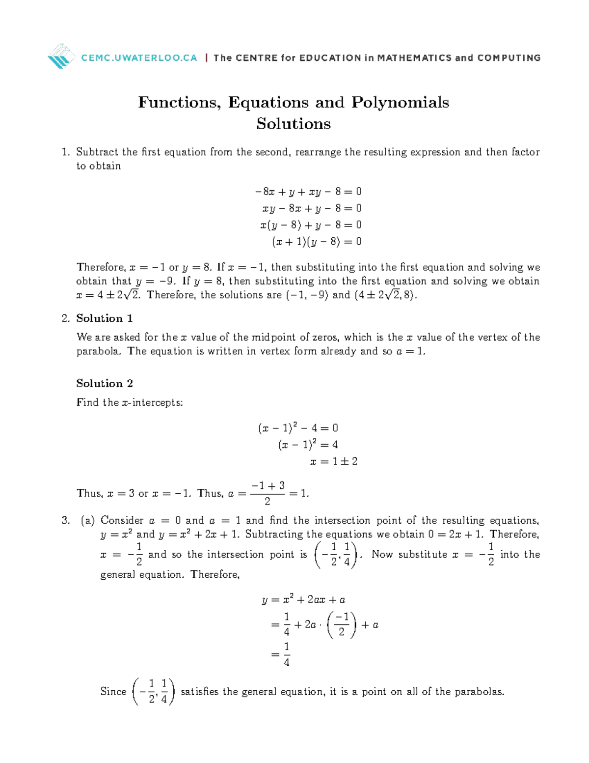 Functions, Equations, and Polynomials Solutions - Math 101 - Studocu