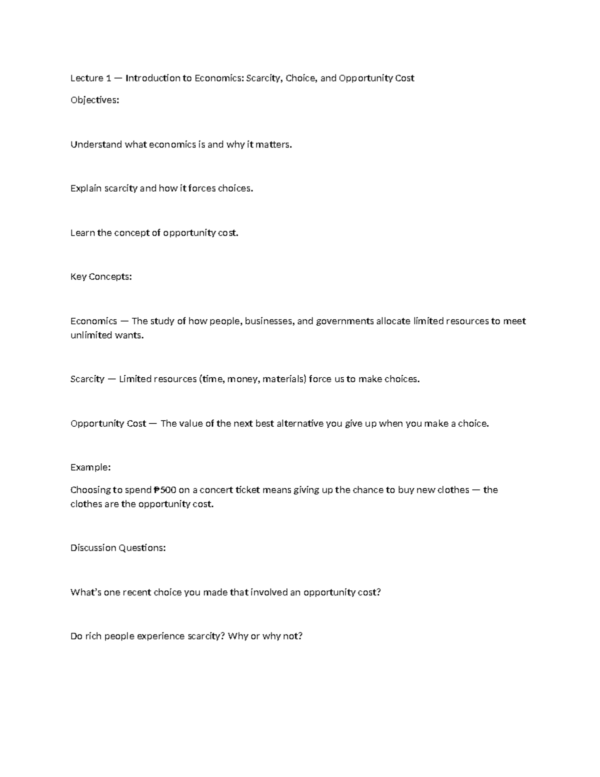 Lecture 1: Intro to Economics - Scarcity, Choice & Opportunity Cost ...