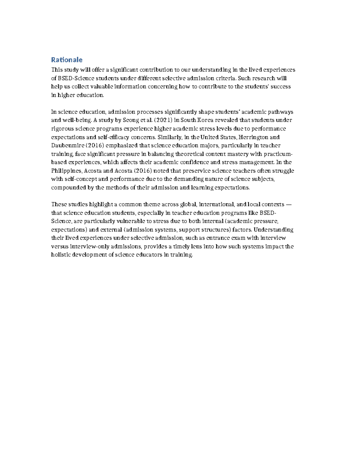 Rationale for BSED Science Study: Understanding Student Experiences ...